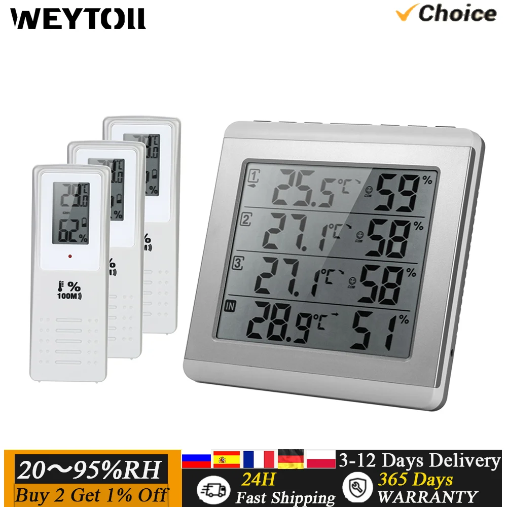 Indoor/Outdoor LCD Digital Wireless Thermometer Hygrometer Four-channel ...