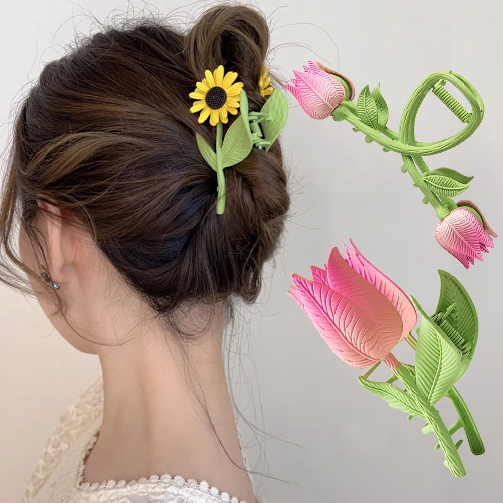 Women-Tulip-Flower-Hair-Claw-Clips-Sunflower-Metal-Hairpins-Makeup-Hair ...