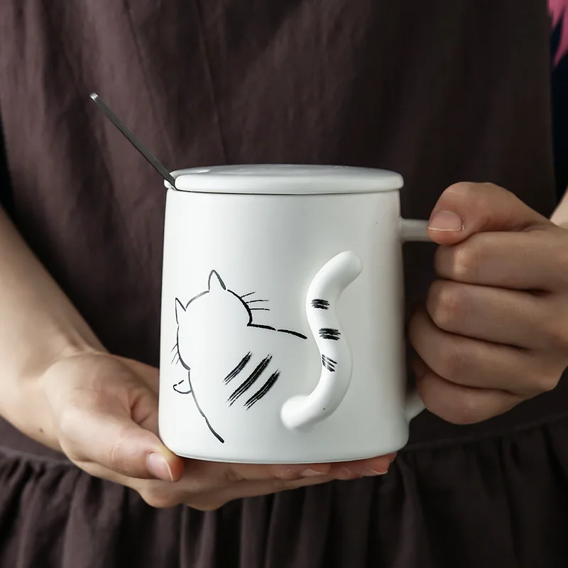 380ml-Cute-Cat-Ceramic-Mug-With-Spoon-And-Lid-Creative-Relief-Coffee ...
