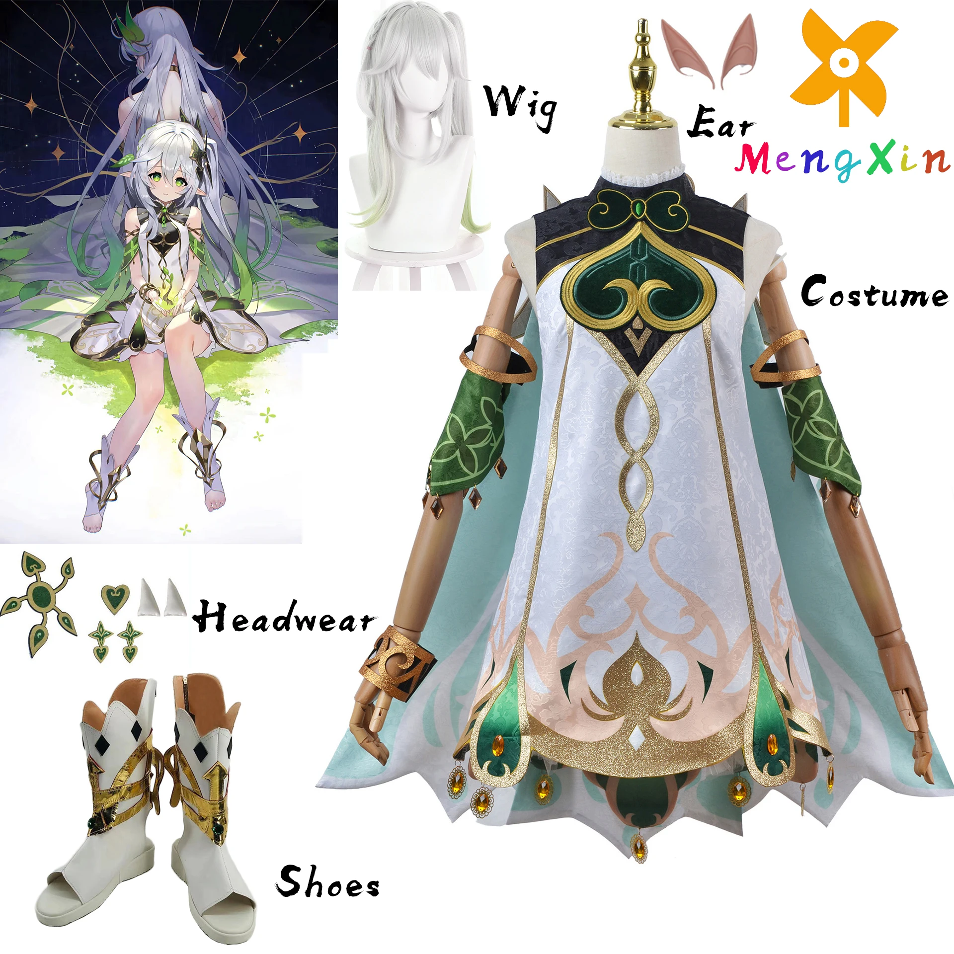 MengXin Game Genshin Impact Sumeru Nahida Cosplay Costume Full Set Elf Ears Accessory Cute Girl ...