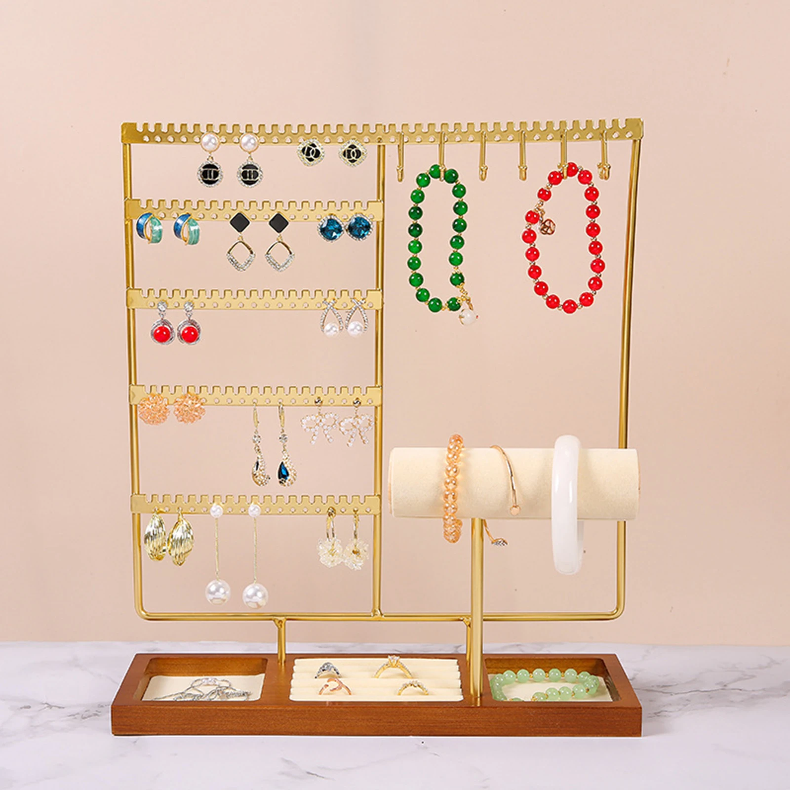 Jewelry-Organizer-Dangle-Earring-Rack-Rings-with-Wood-Tray-Jewelry ...