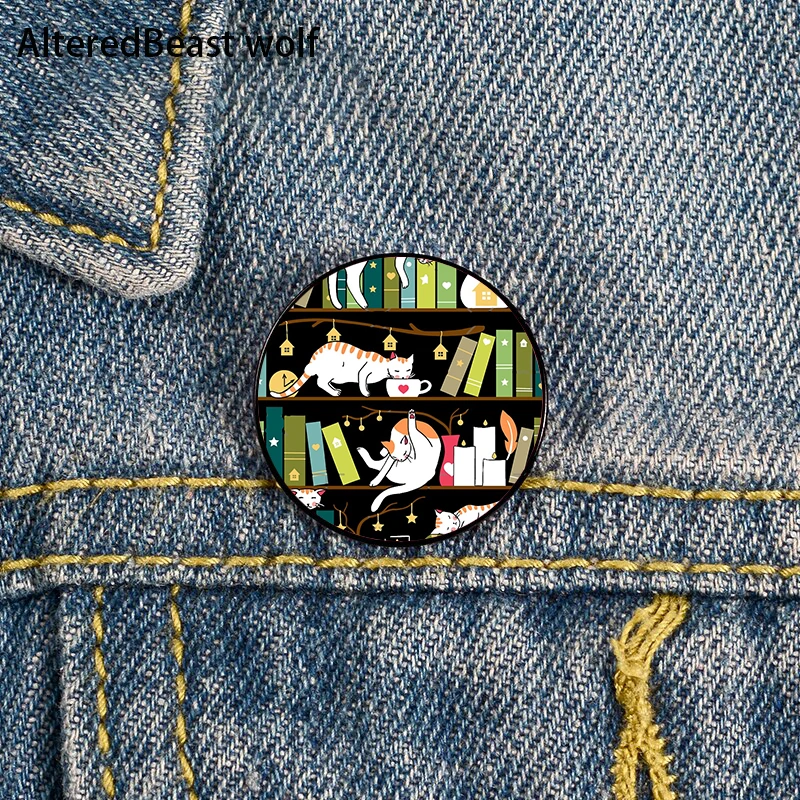 Library cats whimsical cats on the book shelves Pin Custom Funny ...