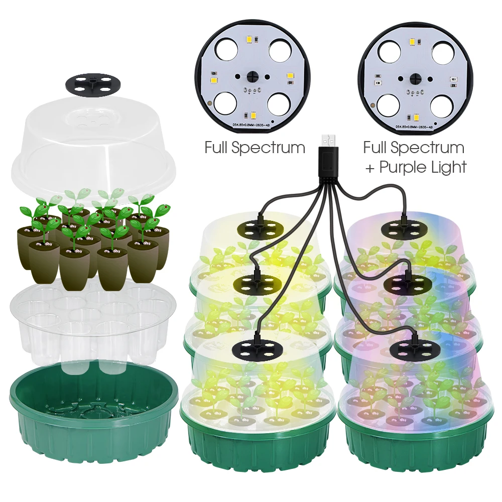 Round Seed Starter Tray with Full Spectrum LED Grow Lights 13-Cell ...