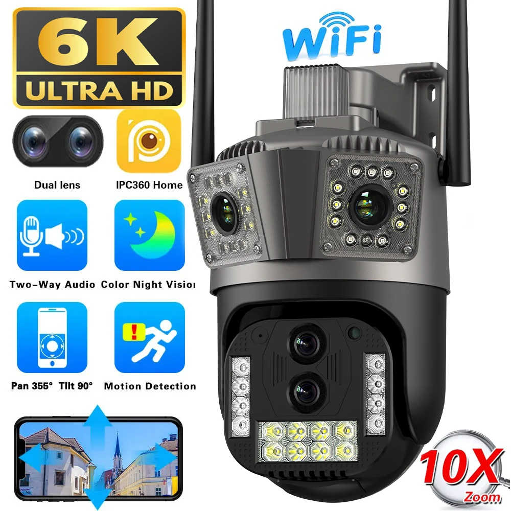 12MP 6K IP Camera 10X Zoom Outdoor Three Screens PTZ WiFi Camera ...