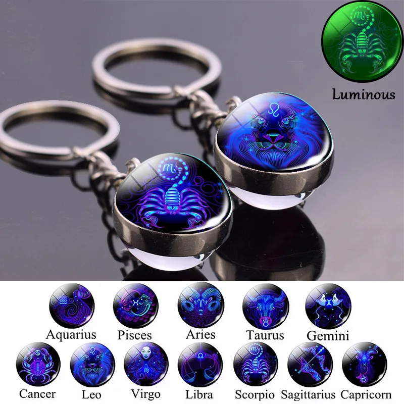 Luminous Keychain Glow In The Dark 12 Zodiac Sign Sphere Ball Crystal ...