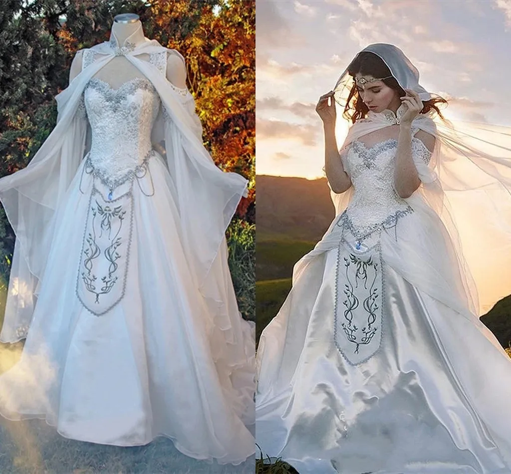 Medieval Wedding Dresses Elven Cape cloak Hood Fairy Long Sleeves lace ...