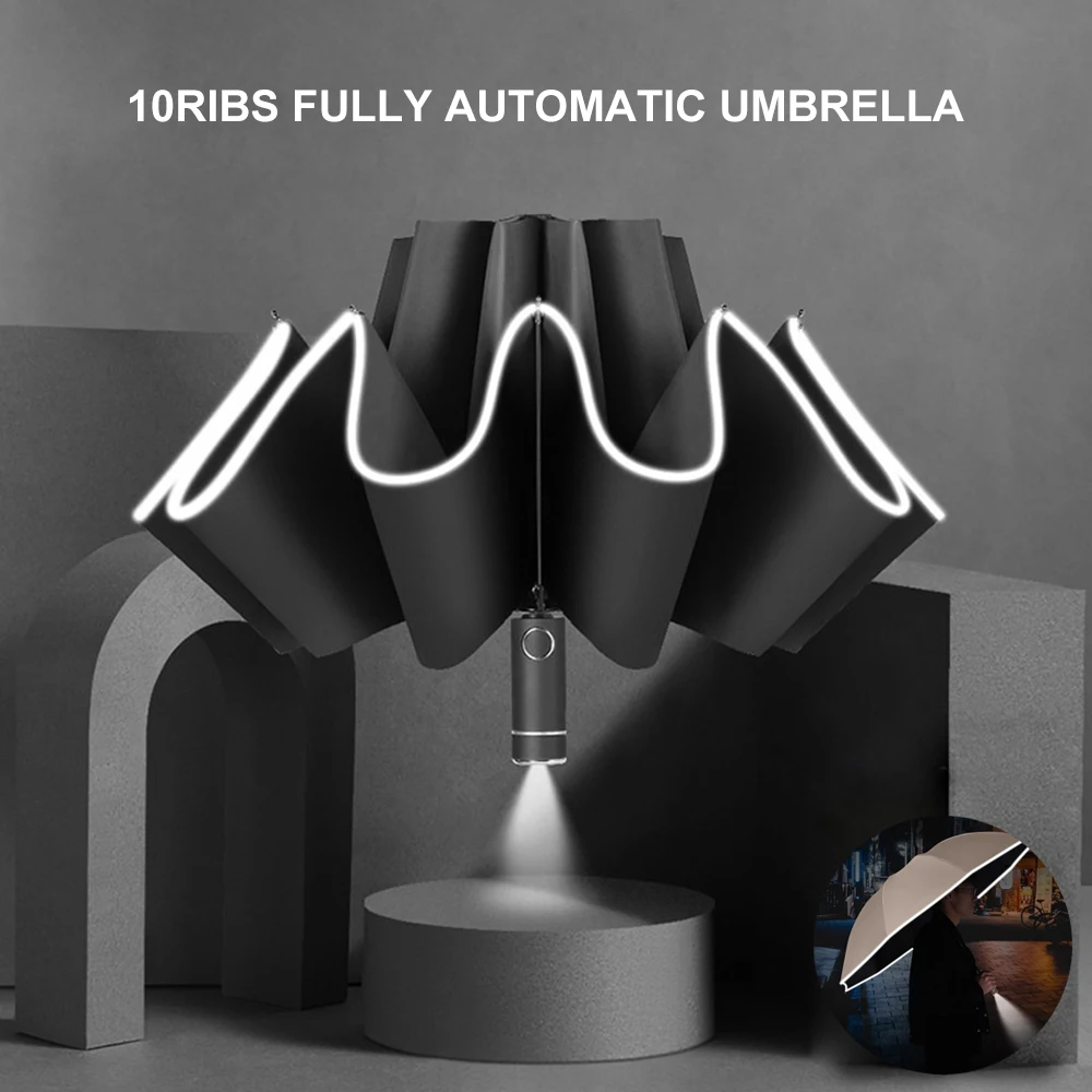 Fully-Automatic-Umbrella-with-LED-Flashlight-Windproof-Reflectic-Stripe ...