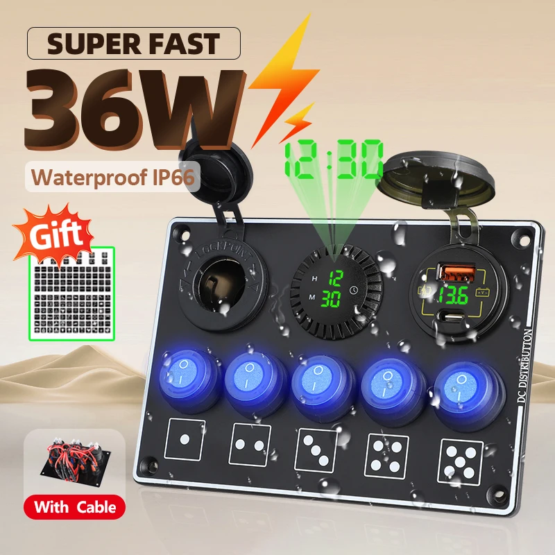 36W-5-Gang-Waterproof-Rocker-Switch-Panel-12V-24V-LED-Digital-Voltmeter ...