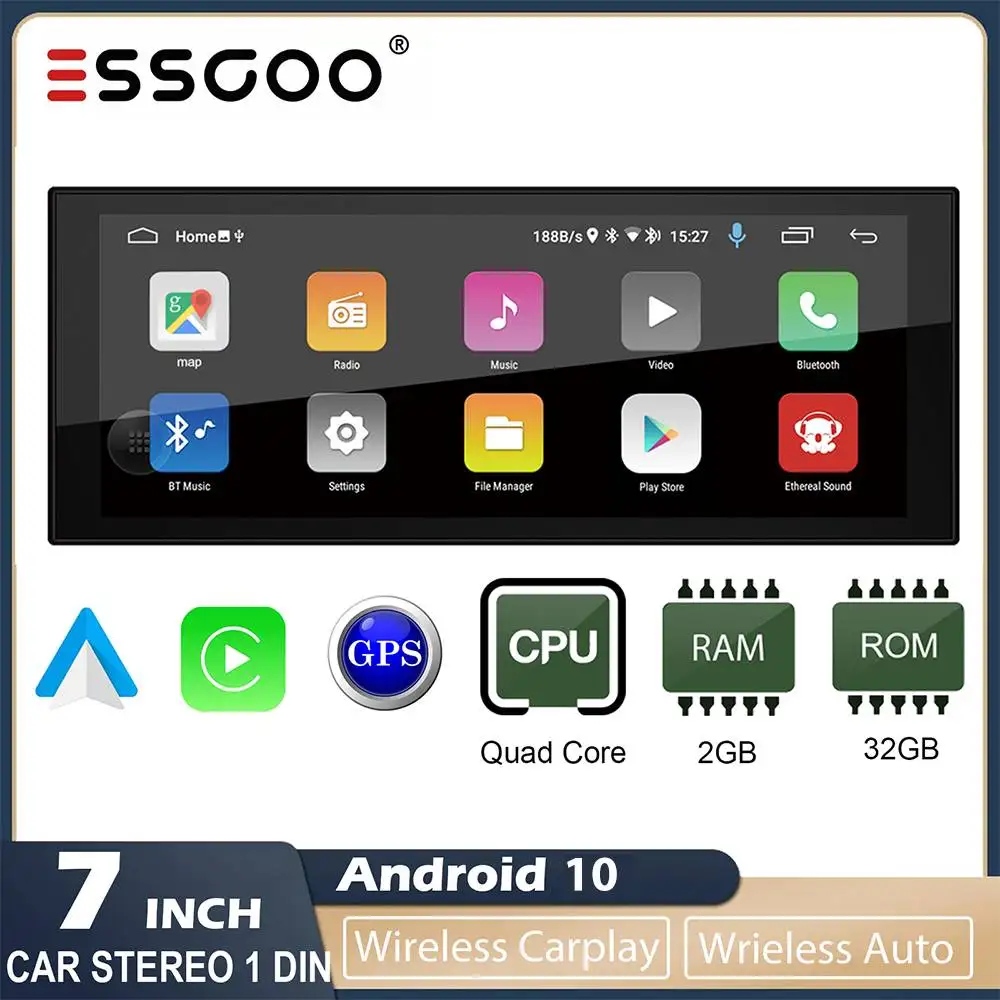 ESSGOO Car Carplay Rádio 1 Din Navegador GPS Android 10 Car Stereo Sem Fio Andrid Auto Bluetooth ...