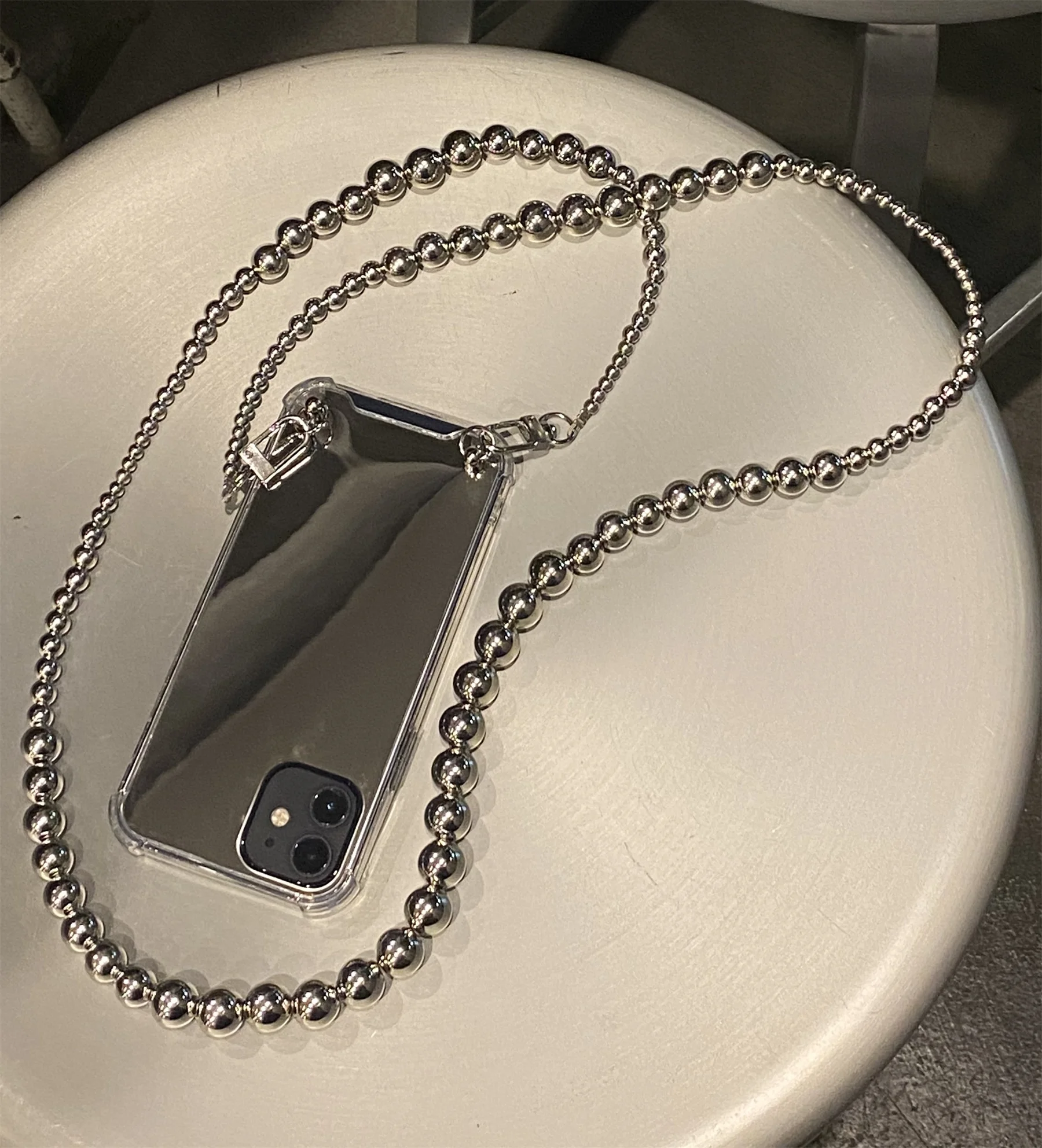 Korean Crossbody Lanyard Necklace Irregular Silver Beads Chain Mirror ...