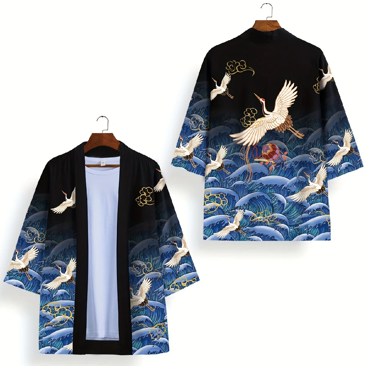 Animal Bird Patterns Crane Waves Asian Traditional Costume Print Kimono ...