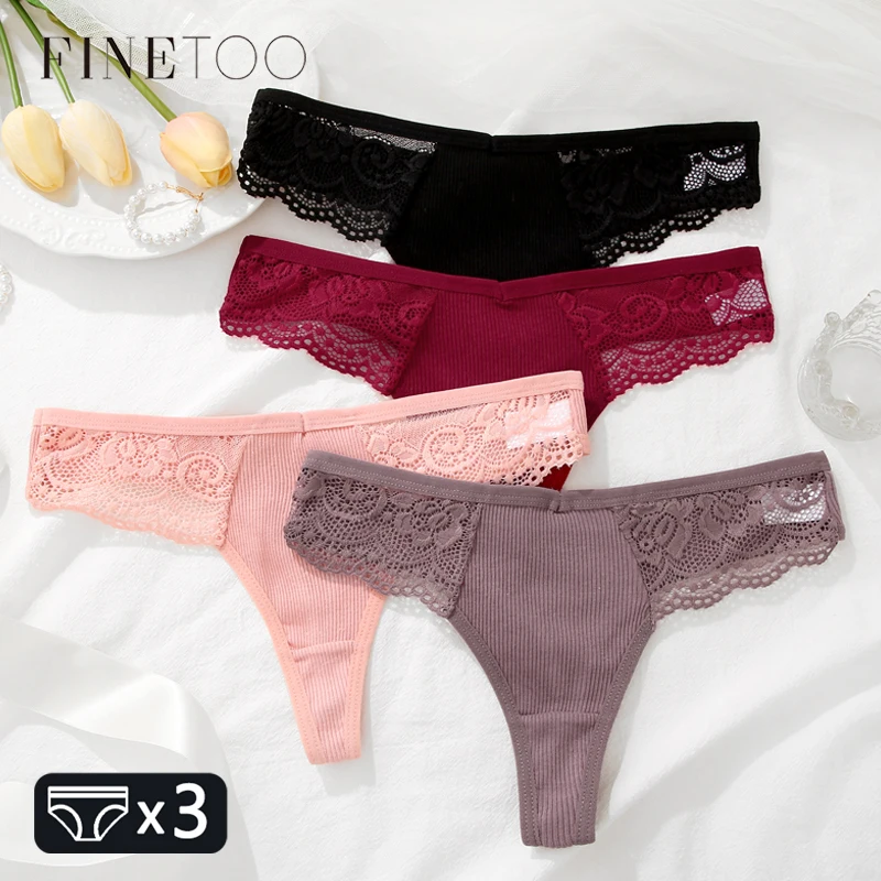 FINETOO-ropa-interior-de-algod-n-para-mujer-tangas-de-encaje-de-Color-s ...