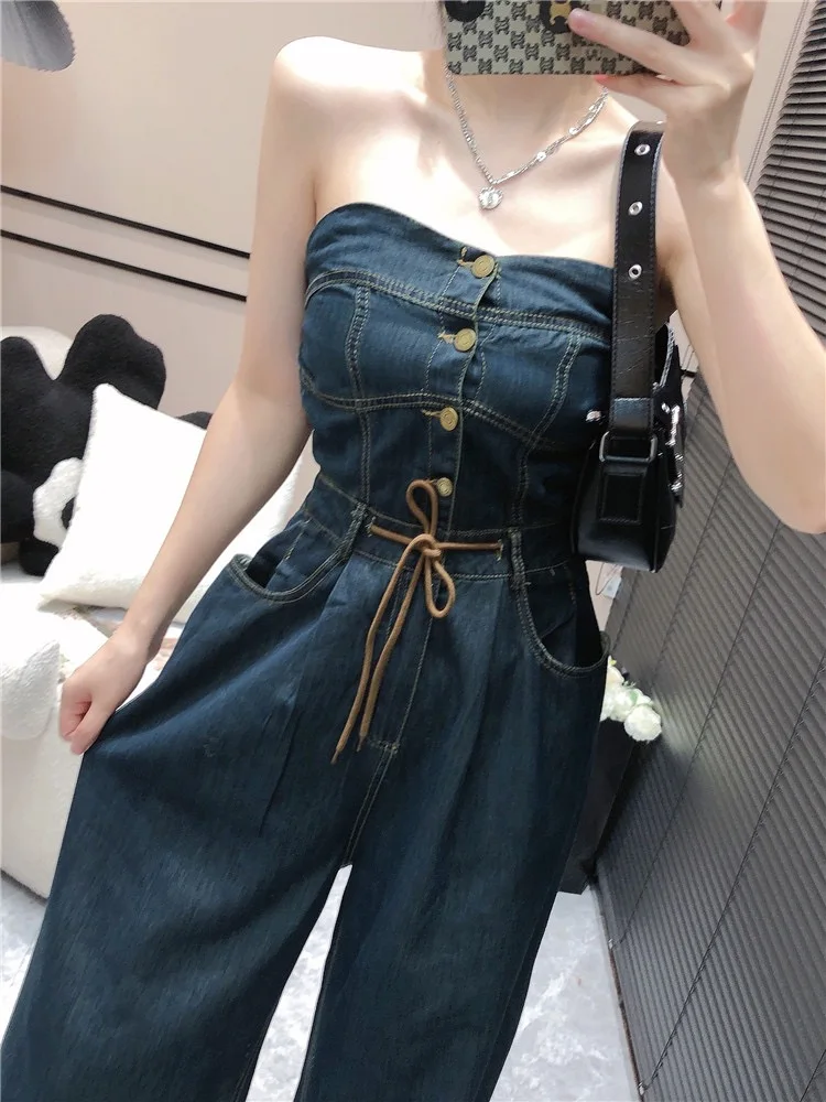 Korean-Style-Denim-Jumpsuit-Slim-Waist-Tube-top-one-piece-Wide-Leg-Sexy ...