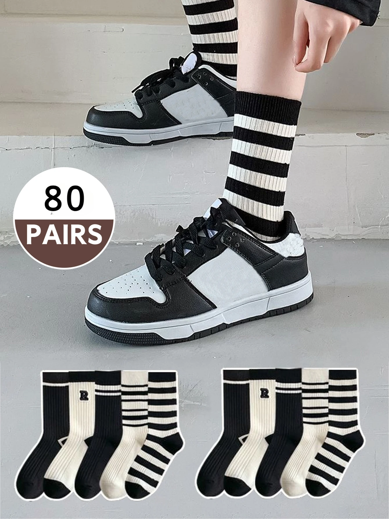 10-Pairs-Women-s-Mid-Tube-Socks-Students-Black-And-White-Stripe-R ...