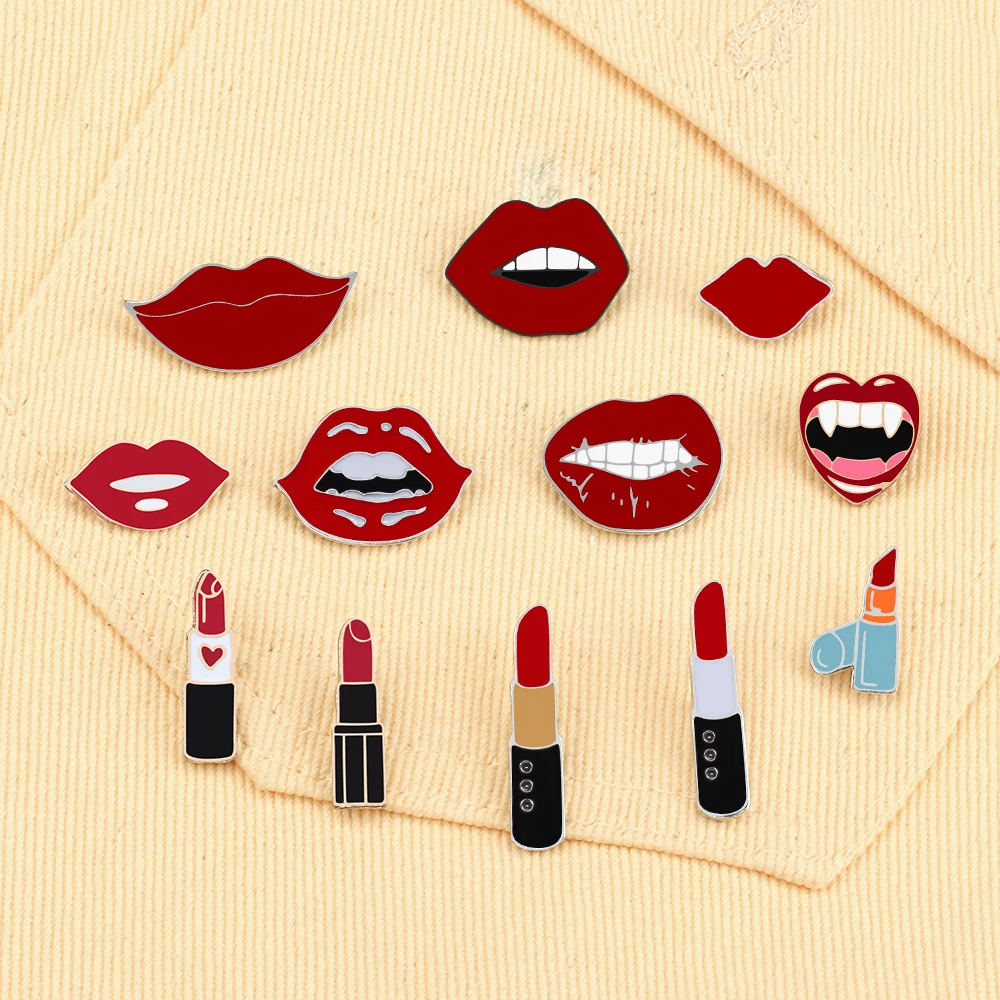 Sexy Girl Red Lips and Lipsticks Enamel Pins Women Charm Metal Brooches ...