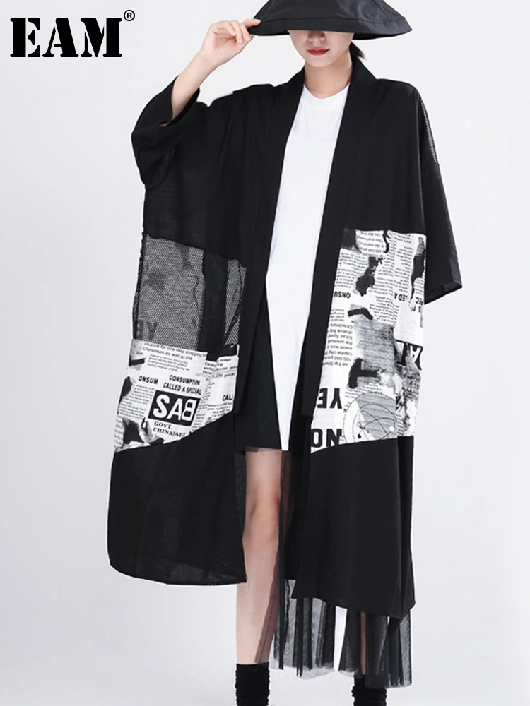 EAM-Women-Blakck-Mesh-Pattern-Printed-Big-Size-Trench-New-V-collar-Long ...