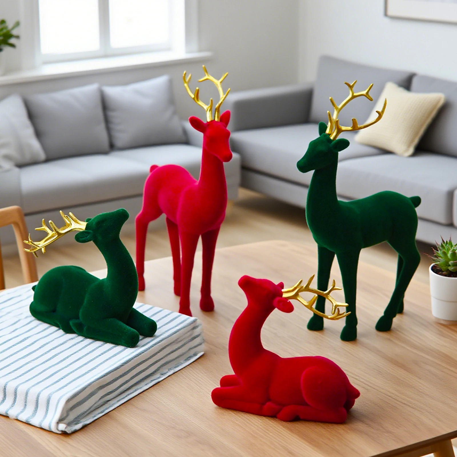2Pcs Christmas Reindeer Figurines Flocking Deer Statue Tabletop Decor ...