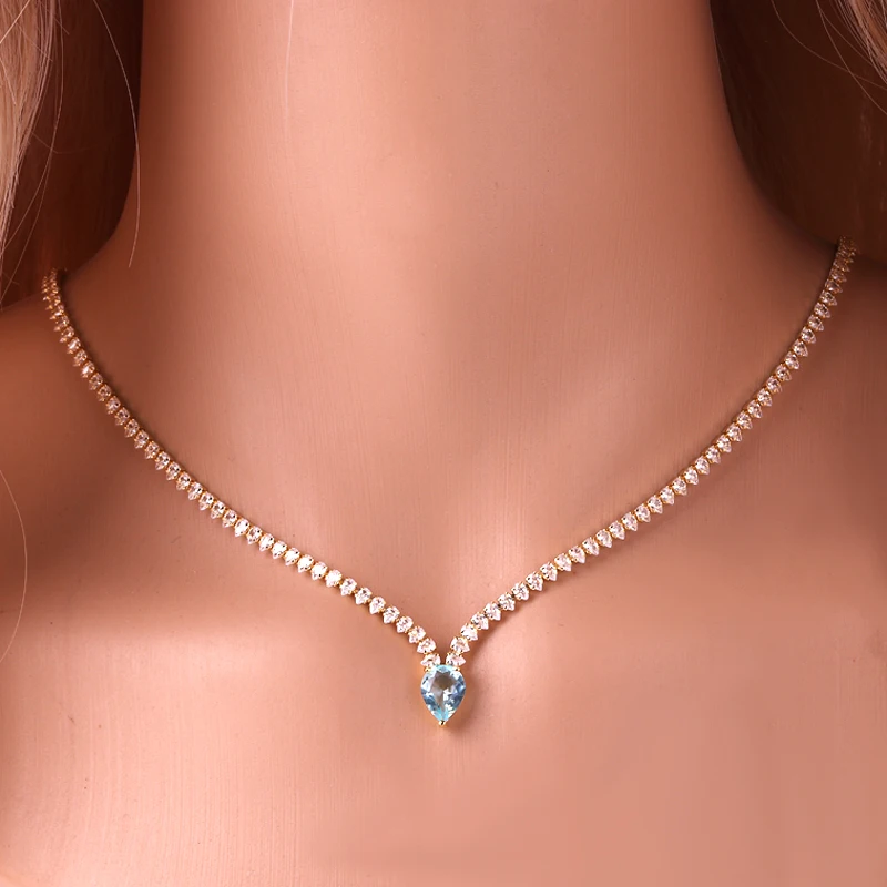 High Quality Iced Out Chain Water Drop Cubic Zirconia Light Blue ...
