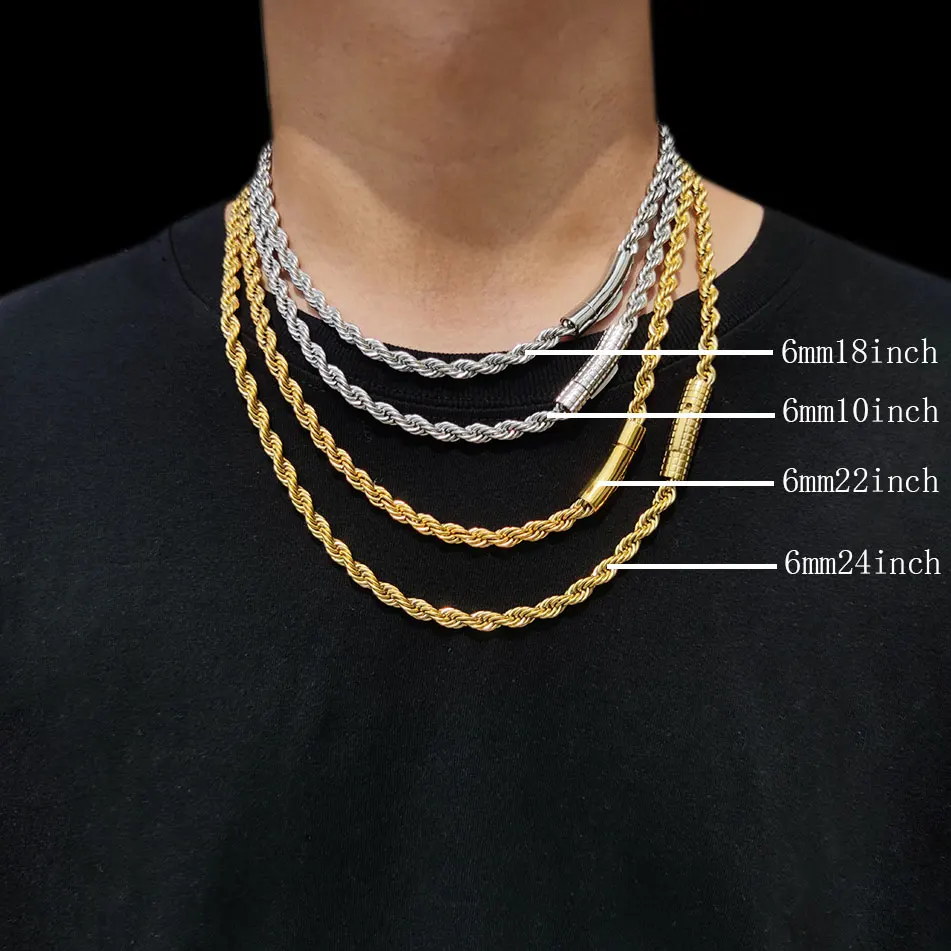Hip Hop 6mm Grain Buckle Stainless Steel Rope Chain Jewelry Men Women ...
