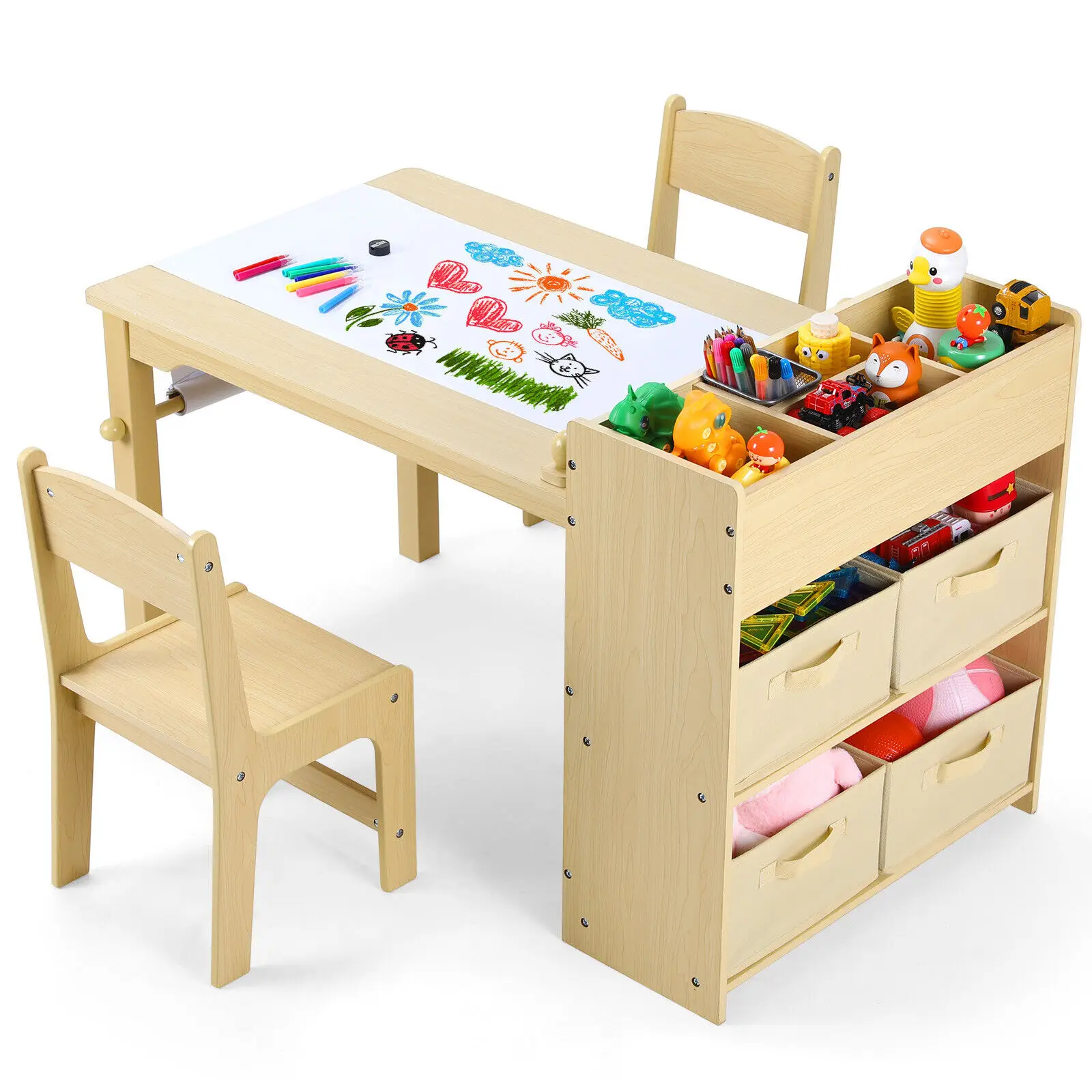 Kids-Art-Table-and-Chair-Set-with-2-Chairs-Wooden-Craft-Table-with ...