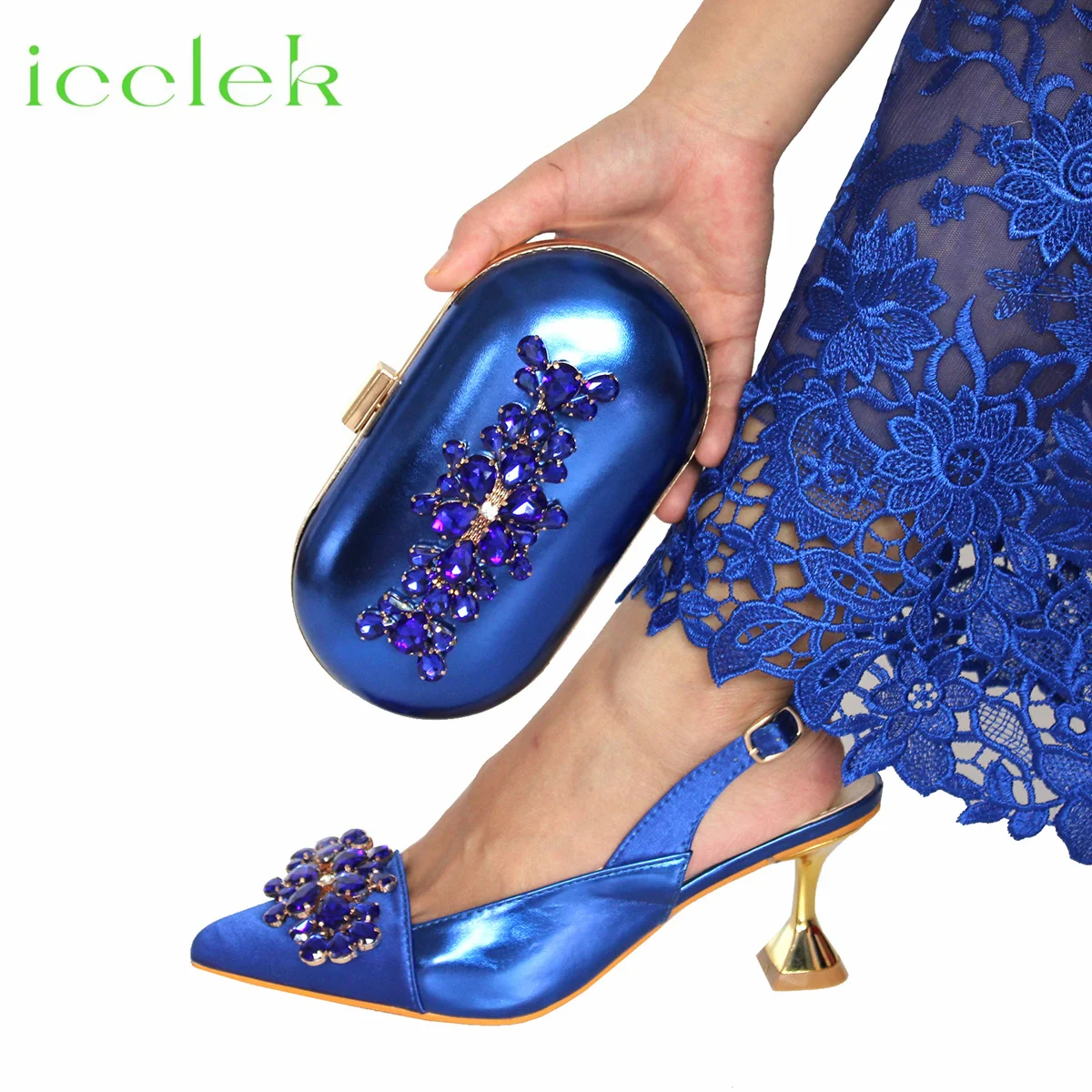 2023 Latest Rhinestone Striped Royal Blue Pointed Toe High Heel Women's ...