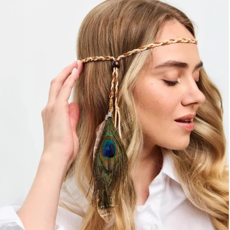 Hippie Headwear Boho Vintage Gypsy Peacock Feather Tassel Adjustable ...