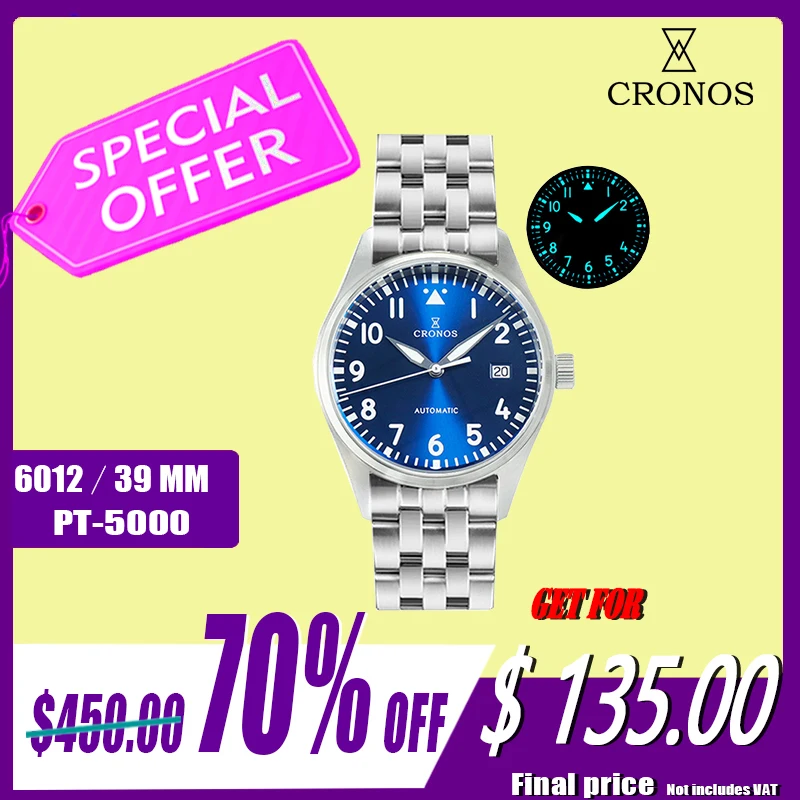 Cronos-Pilot-Flieger-Mechanical-Men-Watch-39mm-Stainless-steel-Super ...