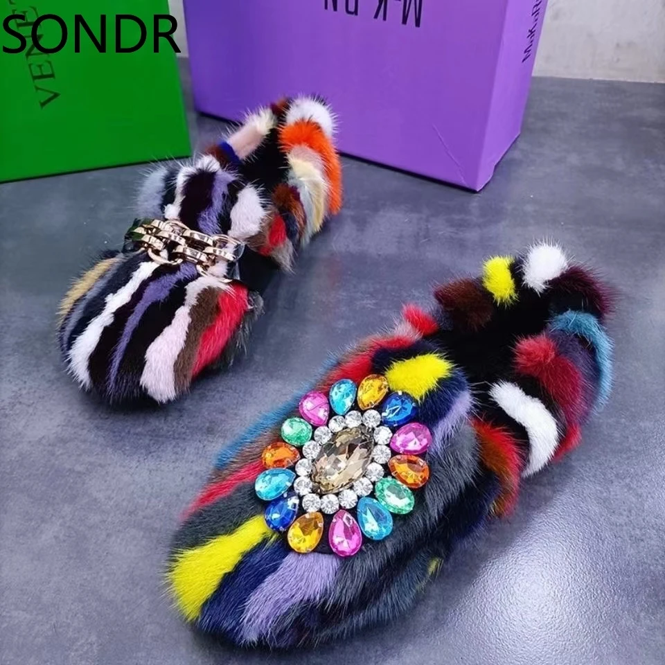Womens Real Mink Fur Rainbow Colors Loafers Rhinestones Crystal Chain ...