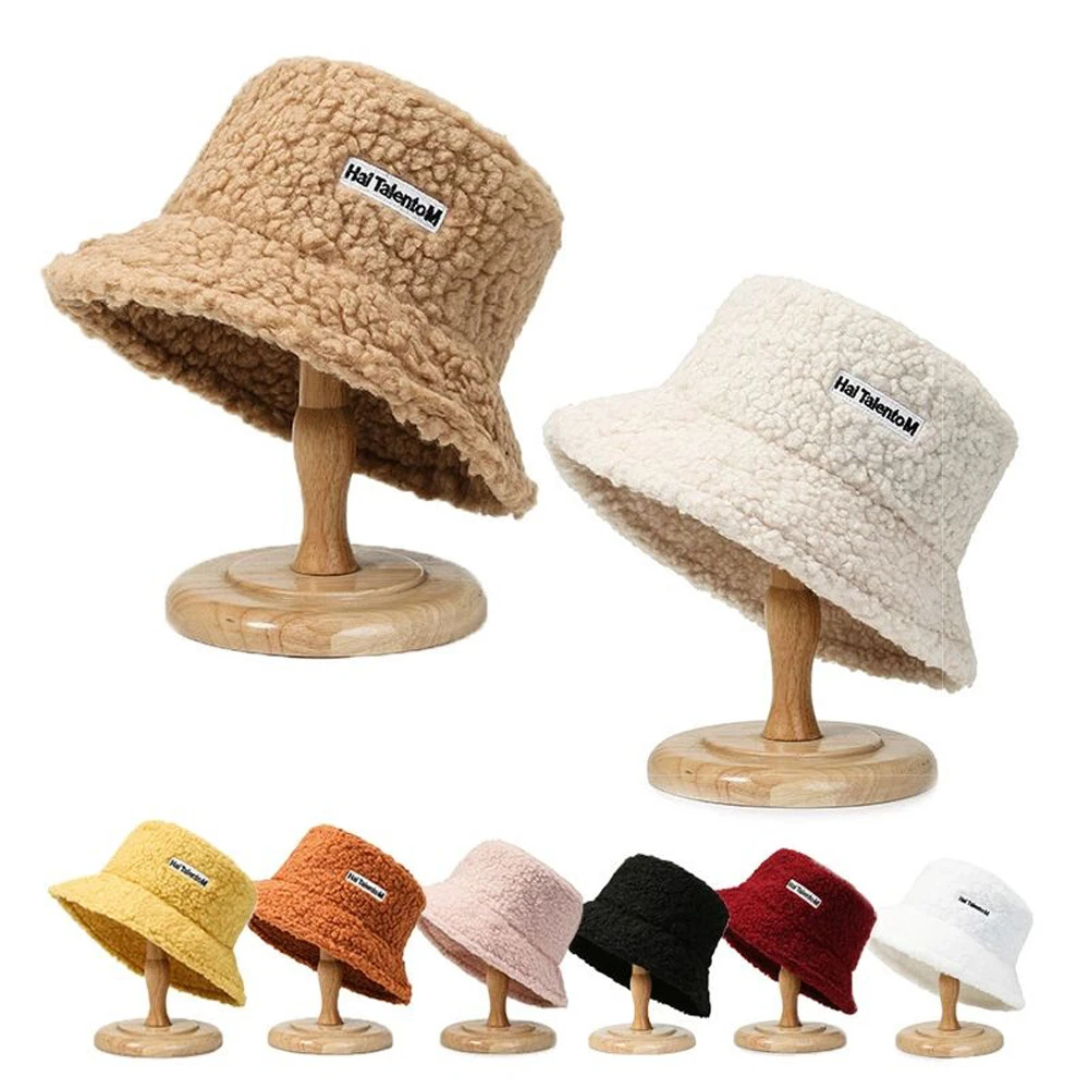 Women Winter Warm Bucket Hat Lamb Wool Letter Panama Fisherman Hat ...