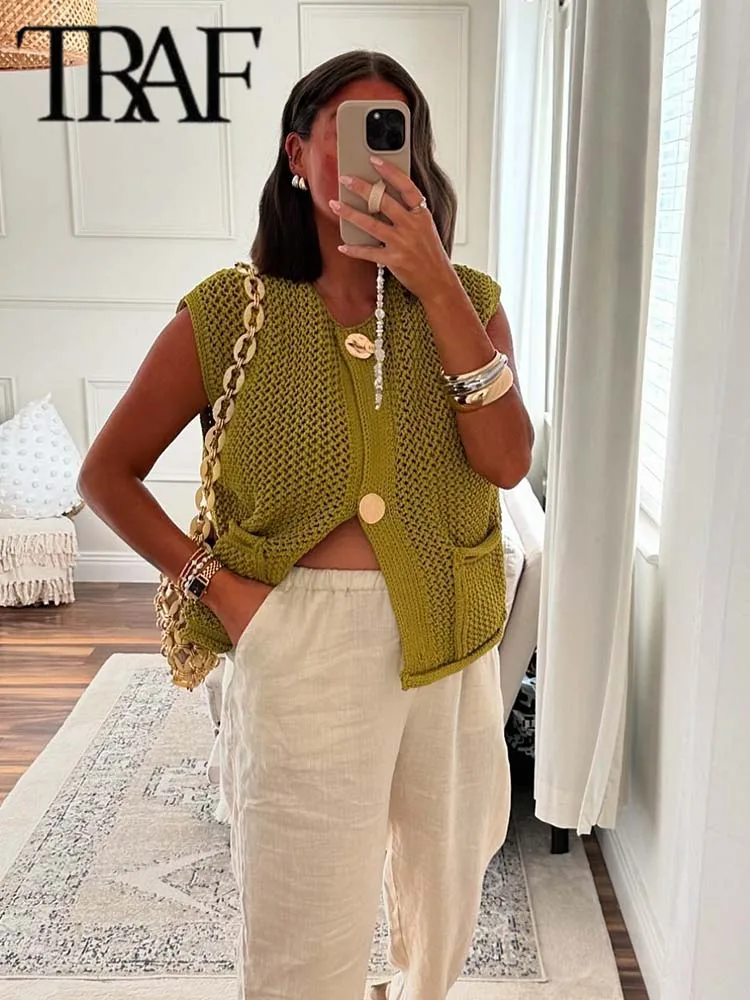 TRAF-Women-Fashion-Sleeveless-Coarse-Needle-Knitting-Vest-Sweater ...