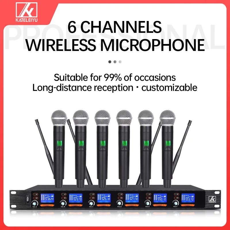 Professional UHF Wireless Microphone 6 Channel Handheld Lavalier ...