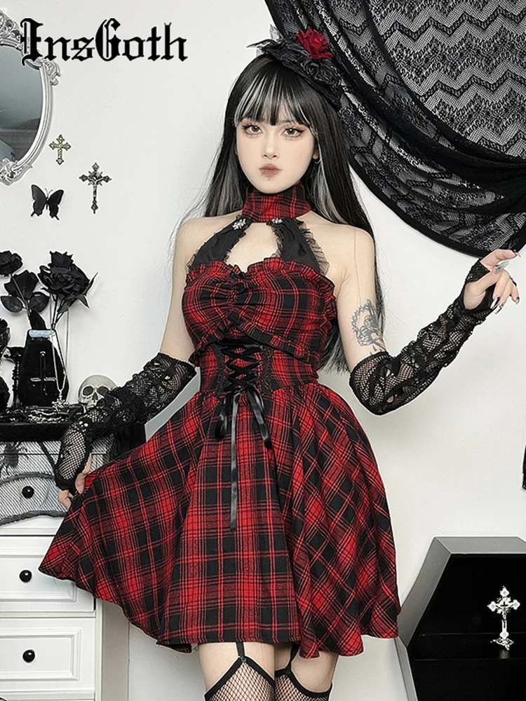 InsGoth-Gothic-Halter-Neck-Sleeveless-Dress-Women-s-Vintage-Plaid-Mall ...