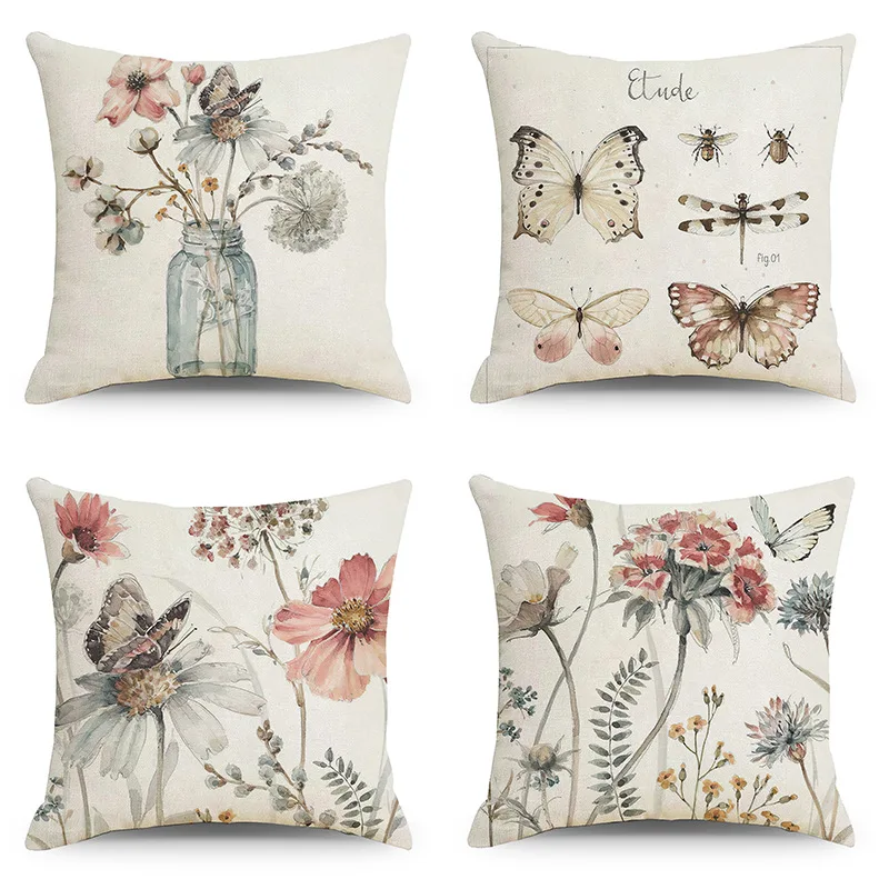 Rustic-Style-Pillow-Case-Pretty-Butterfly-Daisy-Flowers-Oil-Painting ...