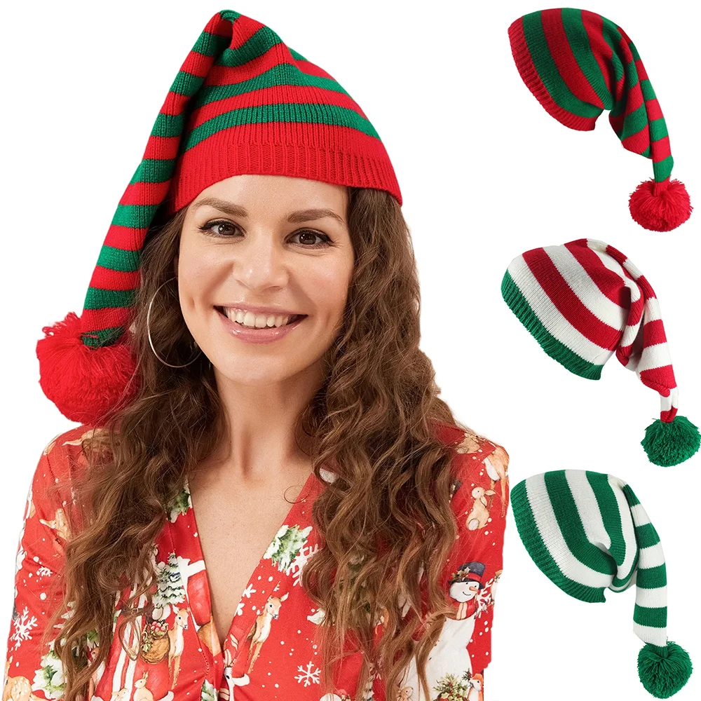 Adult Stripe Long Christmas Hat Soft Red White Green Pom Pom Knitted ...