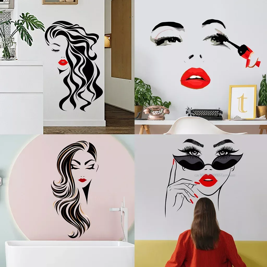 Beauty Female Face Wall Sticker Decal Beauty Studio Wallpaper Cosmetic ...