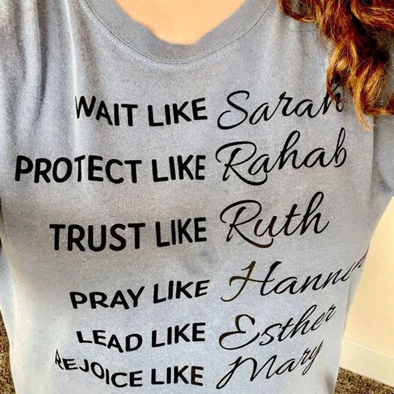 Wait-Like-Sarah-Letter-Print-Christian-T-Shirt-Women-Bible-Verse ...