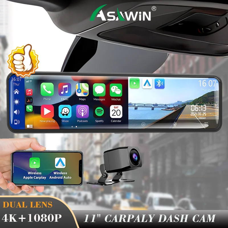 Asawin Carplay 4K Mirror Dash Cam WIFI Android Apple Voice Control Bluetooth Call FM 11 In Dual ...