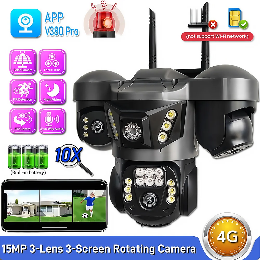 15MP 4G IP Camera Outdoor Triple Lenses Triple Screens Security Video ...