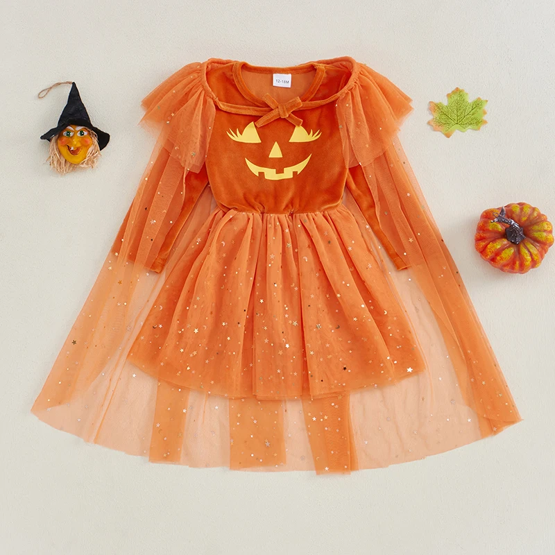 Kids-Girl-Halloween-Dress-Outfits-Children-Baby-Pumpkin-Face-Print-Long ...