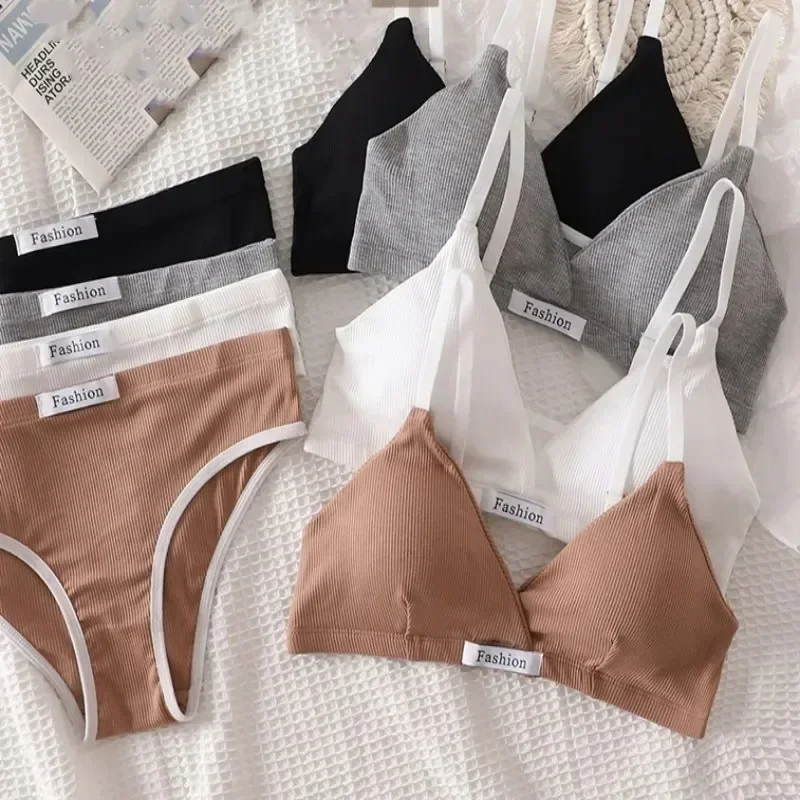 Women Cotton Bra Set Sexy Briefs Low Waist Panties Wire Free Bralette ...