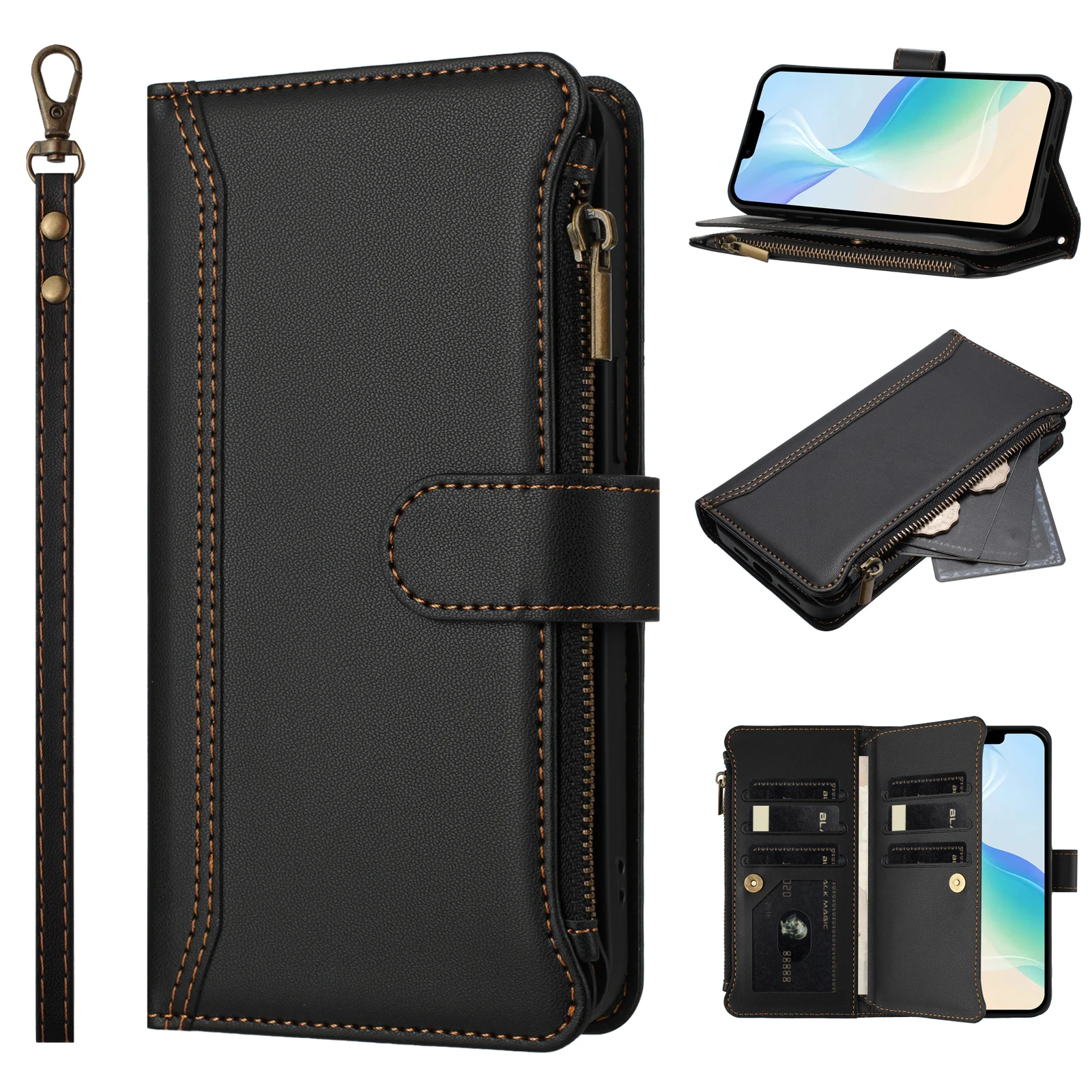 Elegant Multi-Card Zipper Wallet Case with Leather Lanyard and Wristlet ...