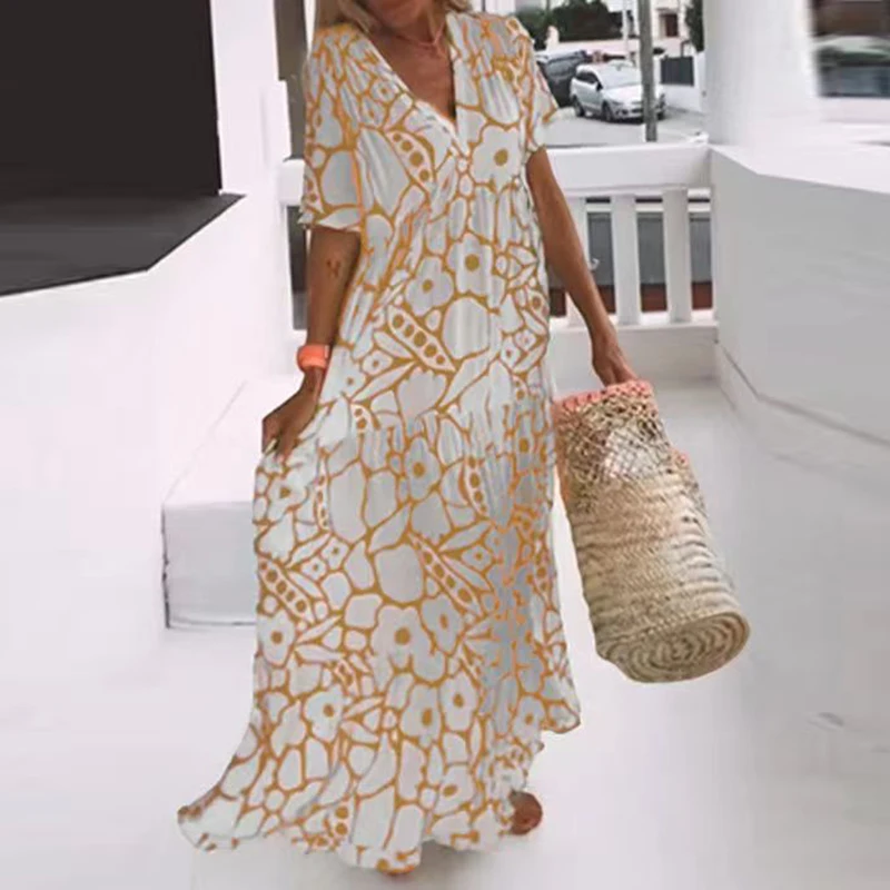 Women-Vintage-Pattern-Print-Boho-Long-Dress-Spring-V-Neck-Loose-Office ...