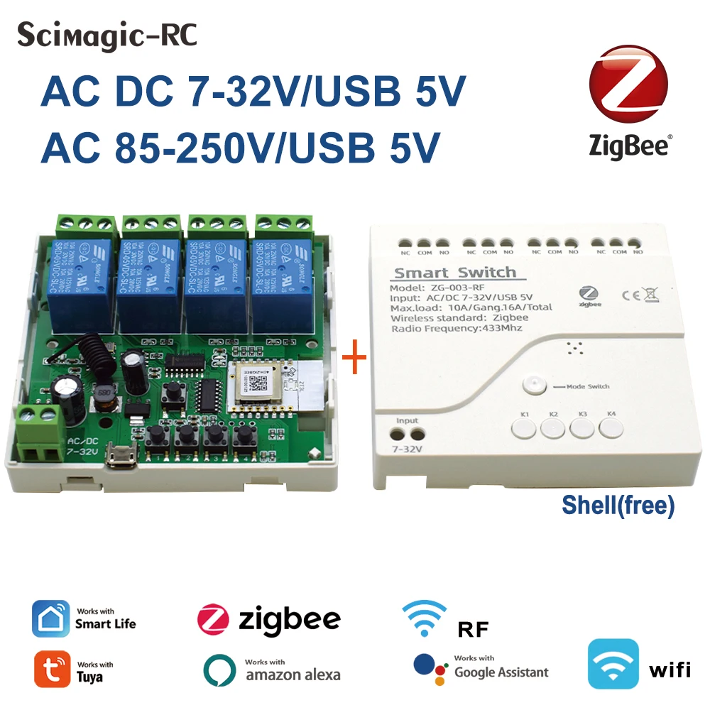1/2/4CH Zigbee Tuya Ewelink Smart Switch Relay Module DC5V 7-32V AC ...