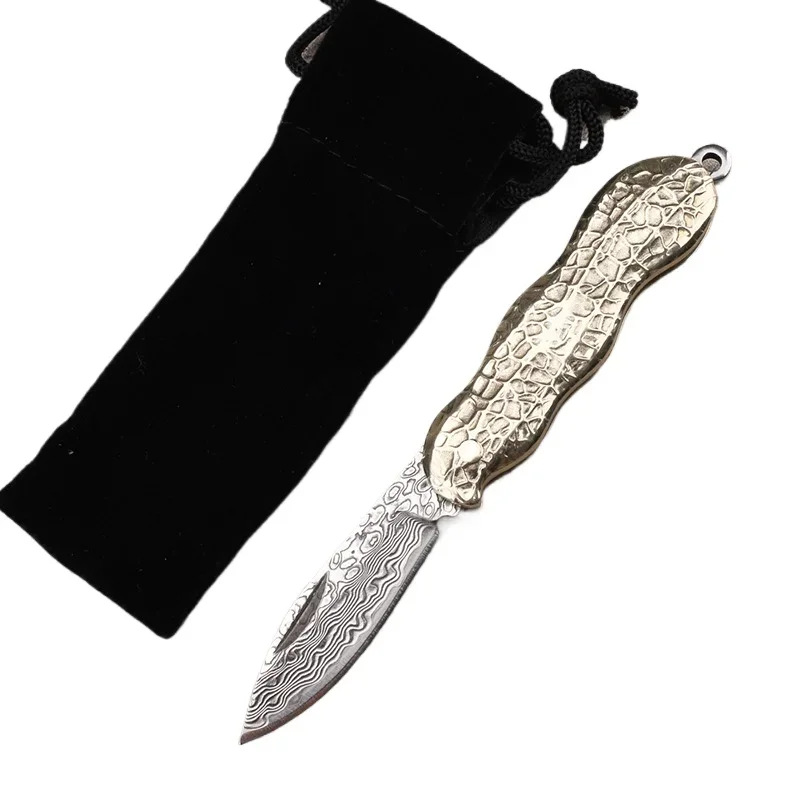 VG10-Damascus-Steel-Blade-Peanut-Shape-Brass-Handle-Unlocking-Folding ...