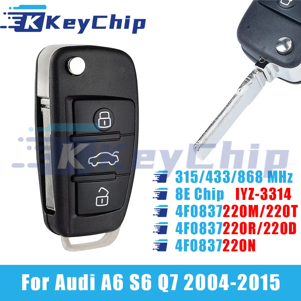 KeyChip For Audi A6 S6 Q7 2004-2015 3 Buttons Flip Remote Car Key 315 ...