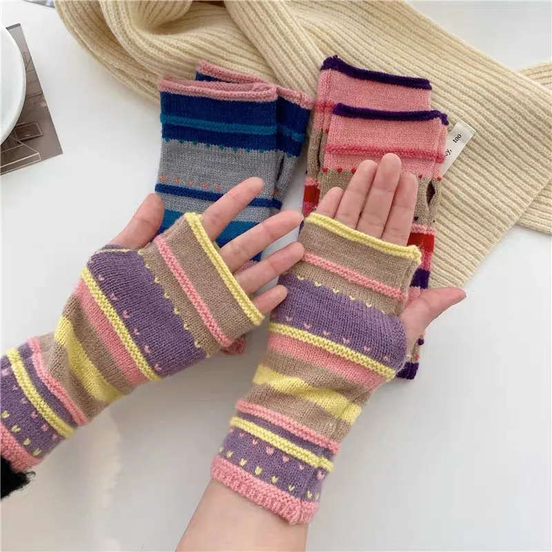 Retro Women Gloves Winter Knitted Glove Mittens Kid Student Fingerless ...