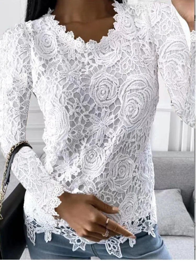 Camiseta-de-encaje-con-agujeros-para-mujer-Blusa-de-manga-larga-con-cuello-redondo-informal ...