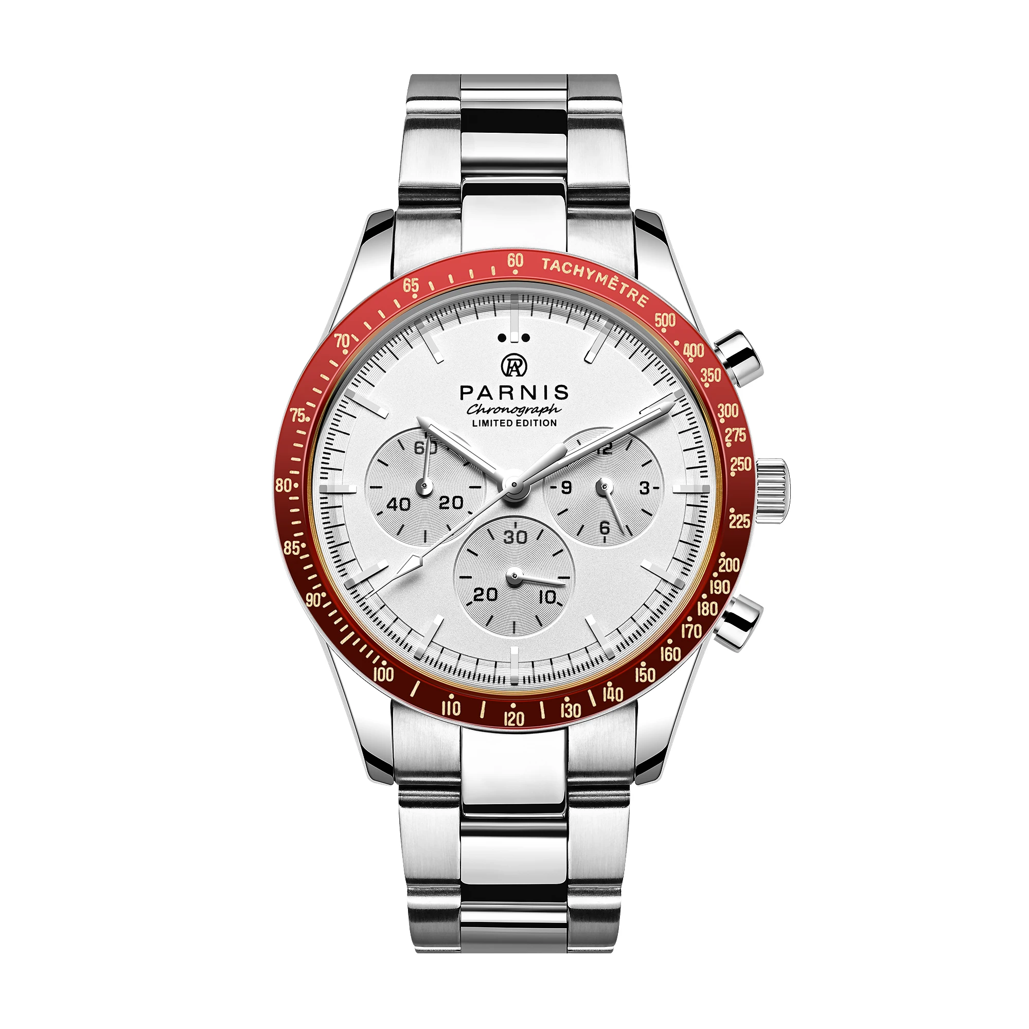 Fashion Parnis 40mm White Dial Quartz Chronograph Men's Watch Red Bezel ...