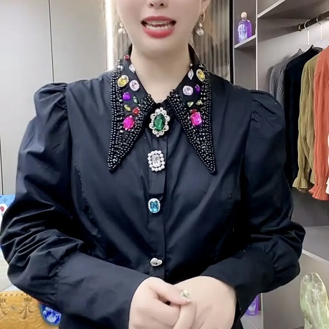 Spring Autumn Women Pointed Collar Diamonds Beaded Lapel Shirts Long ...