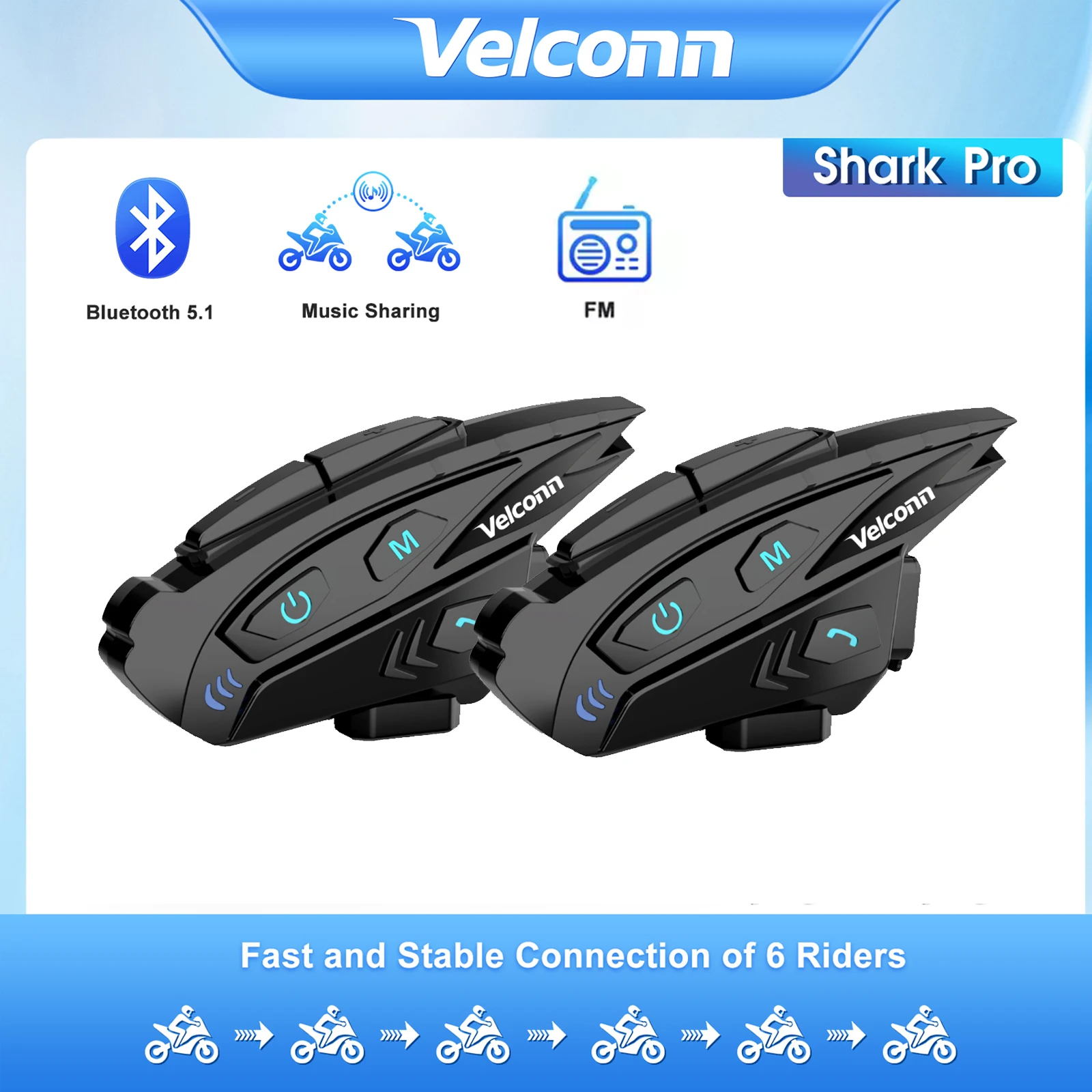 Velconn Shark Pro Motorcycle Intercom Music Sharing Helmet Bluetooth ...
